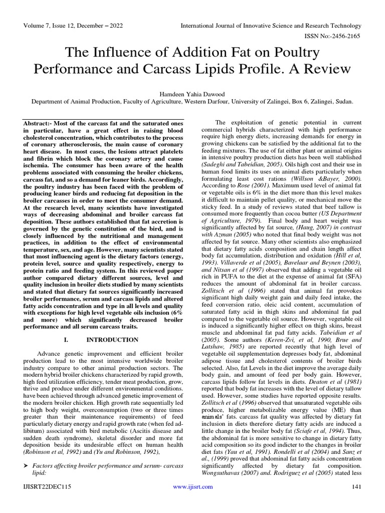 The Influence of Addition Fat On Poultry Performance and Carcass Lipids ...