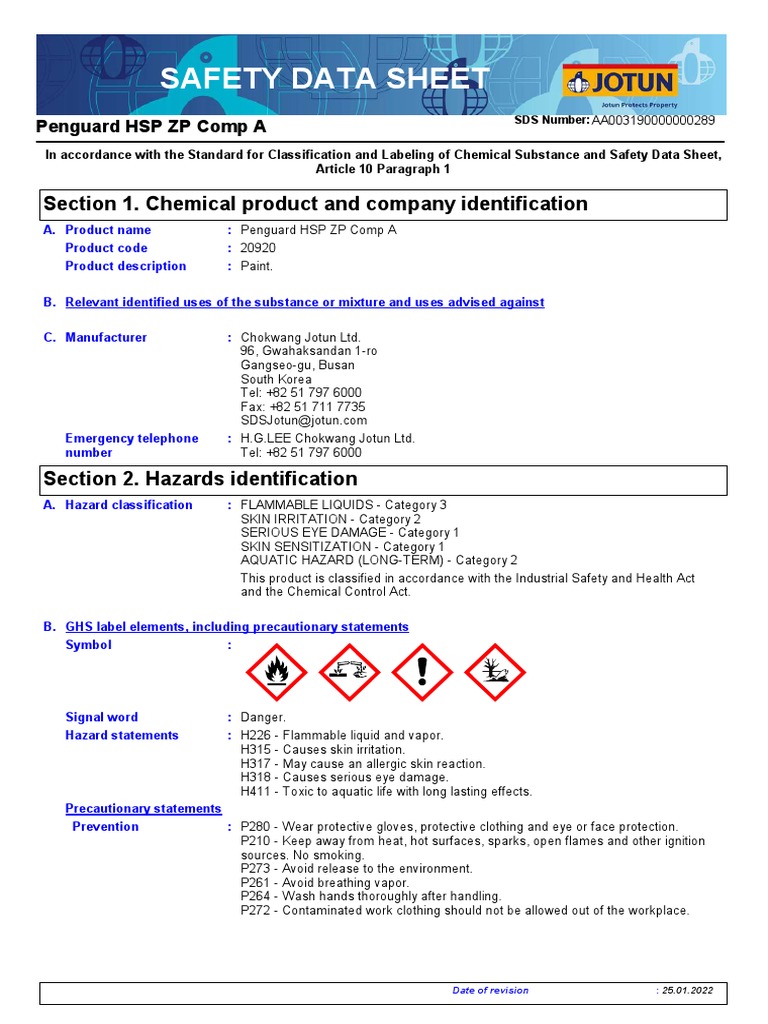 SDS 20920 Penguard HSP ZP Comp A Eng KR | PDF | Toxicity | Personal ...