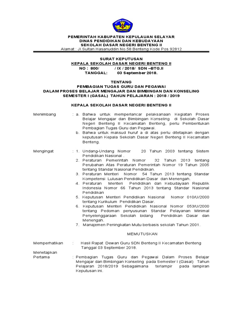 SK Pembagian Tugas SDN BTG 2 1819 - 2 | PDF