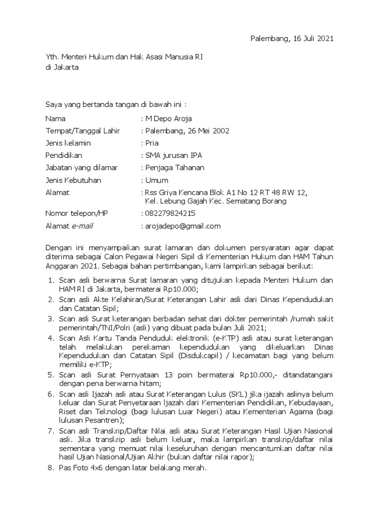 Surat Lamaran M Depo Aroja | PDF