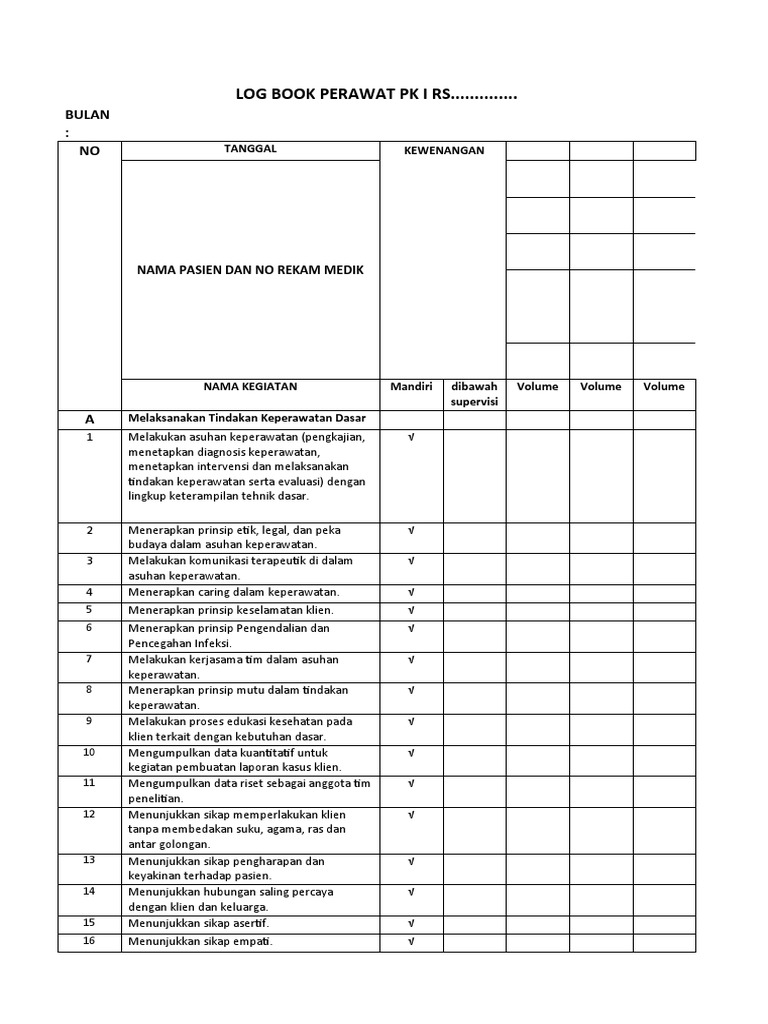 LOG BOOK PELATIHAN PERAWATAN DASAR DI RUMAH SAKIT | PDF