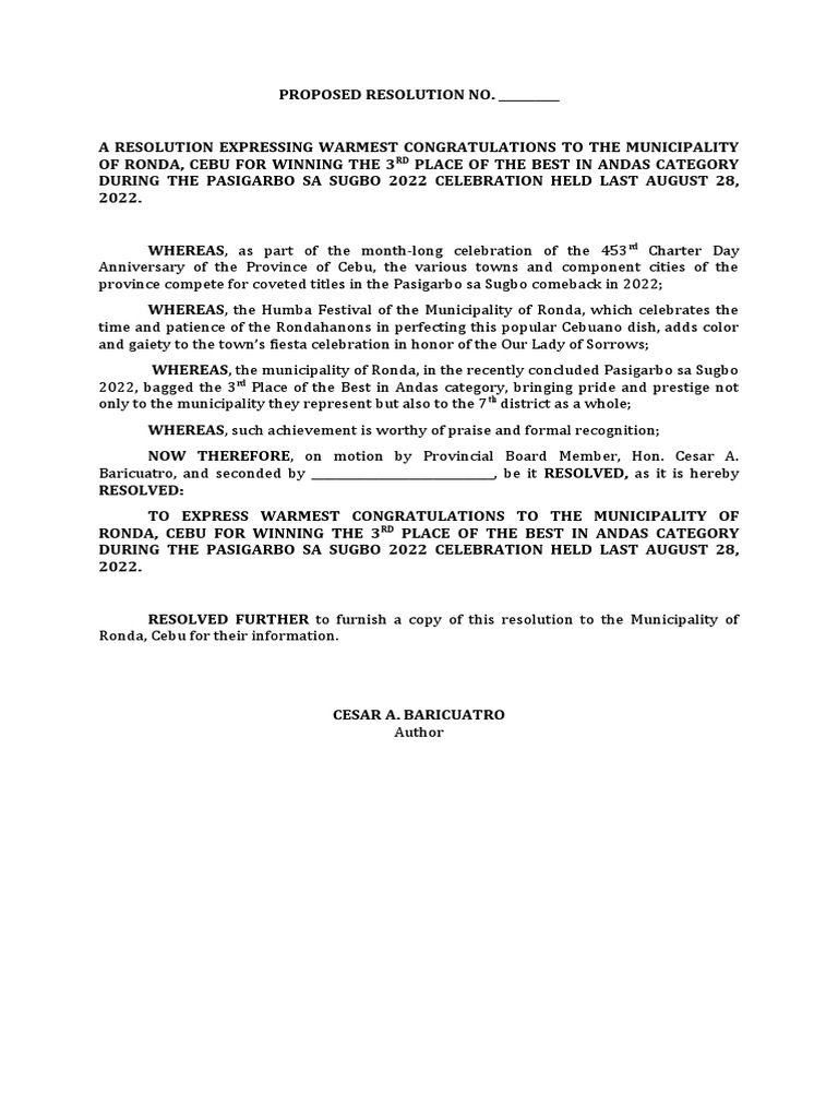 Resolution Congratulating Ronda 3rd Place Andas | PDF | Home & Garden