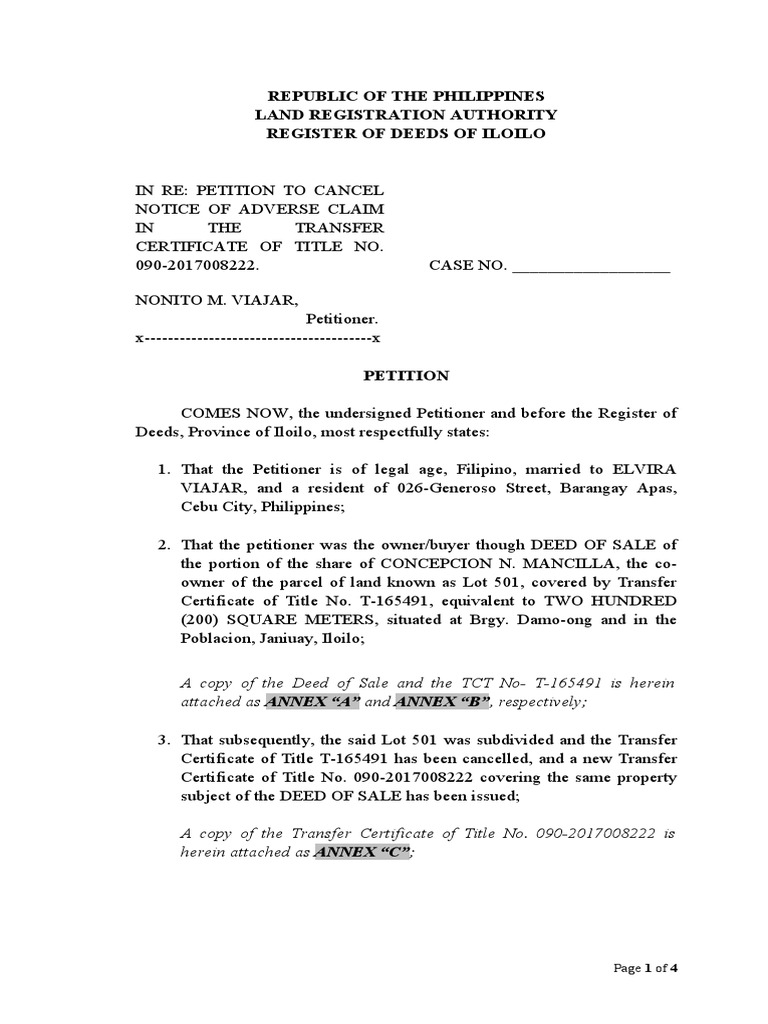Petition To Cancel Adverse Claim | PDF | Title (Property ...