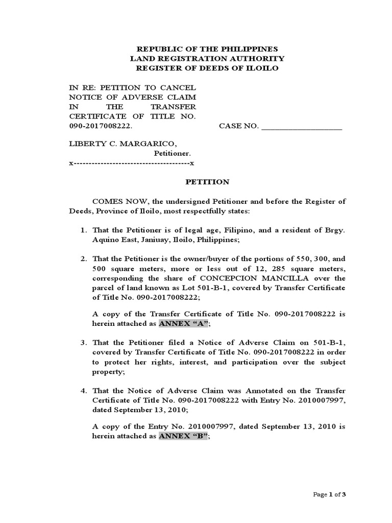 Petition To Cancel Adverse Claim-Liberty | PDF | Private Law | Property Law