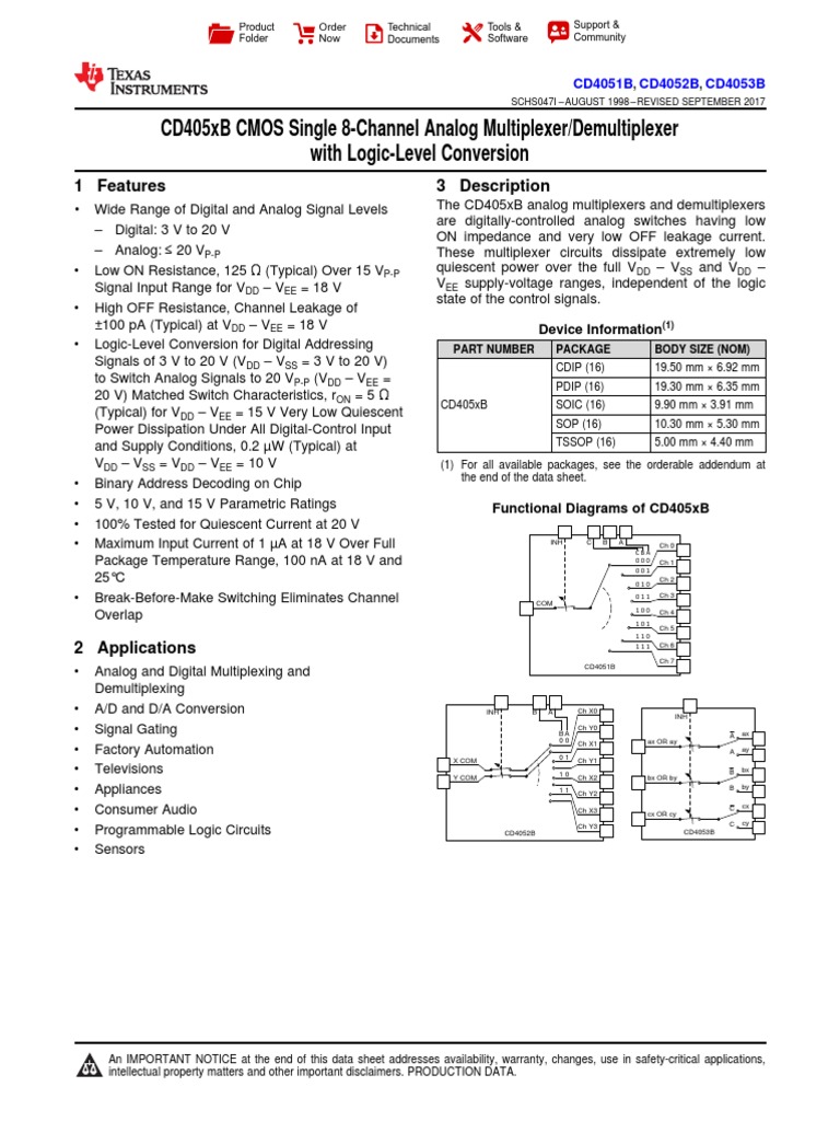 CD405xB CMOS Single 8-Channel Analog Multiplexer/Demultiplexer With Logic-Level Conversion | PDF ...