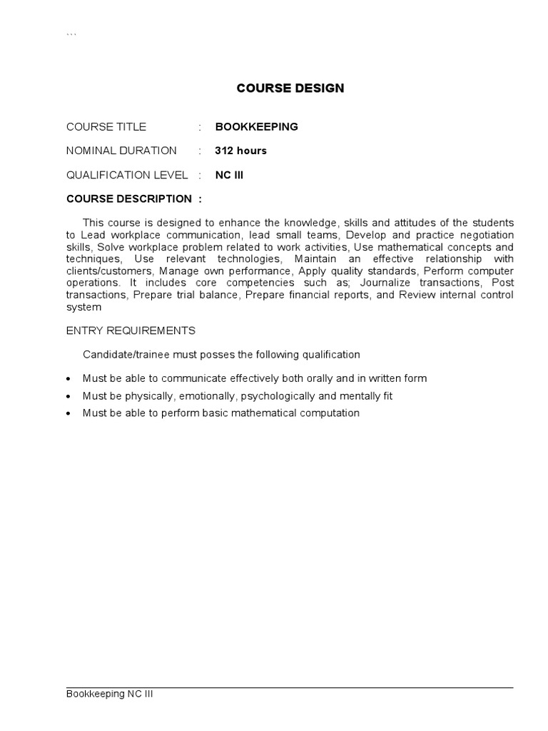 Bookkeeping NC III Course Overview | PDF | Occupational Safety And ...