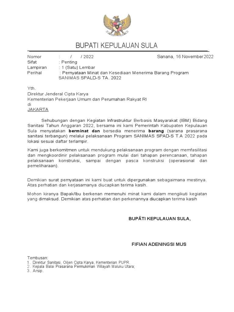 Pernyataan Minat Program SANIMAS SPALD | PDF