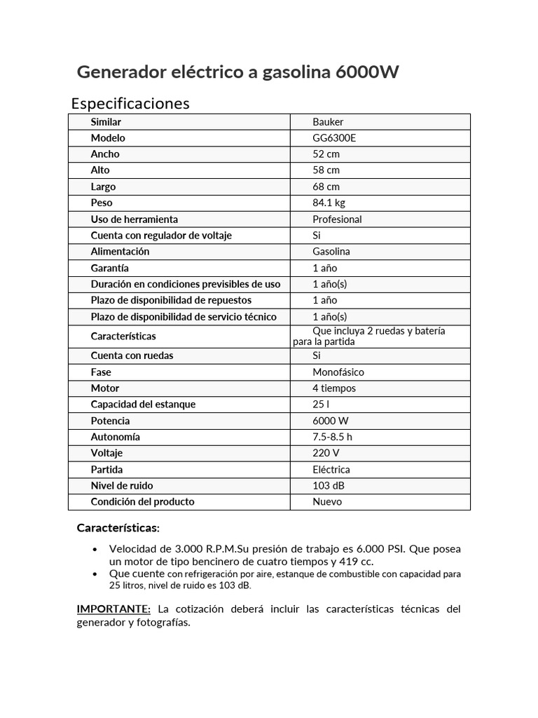 Especificaciones Técnicas Generador Eléctrico | PDF | Tecnología