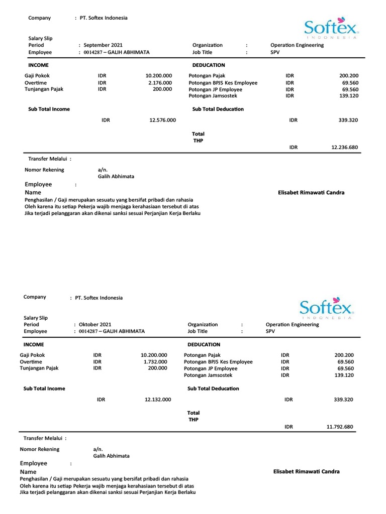 Slip Salary PT Softex Galih | PDF