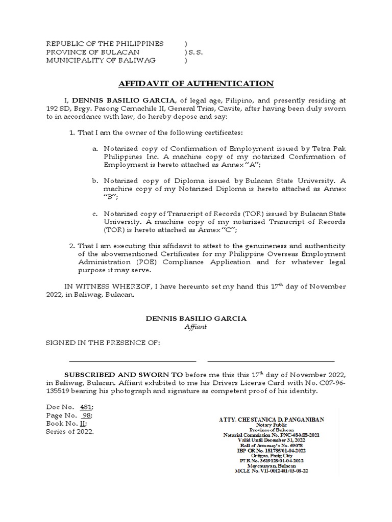 AFFIDAVIT OF AUTHENTICATION | PDF