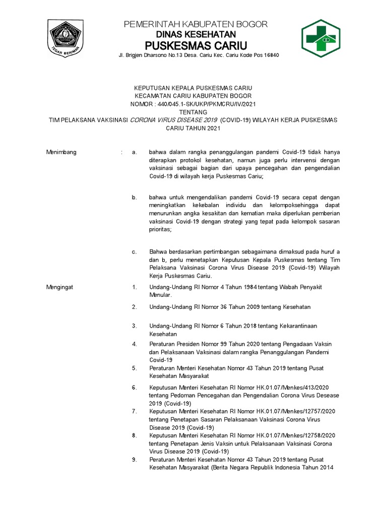 Contoh SK KApus TTG Tim Pelaksana Vaksinasi 2021 | PDF | Pengembangan Diri