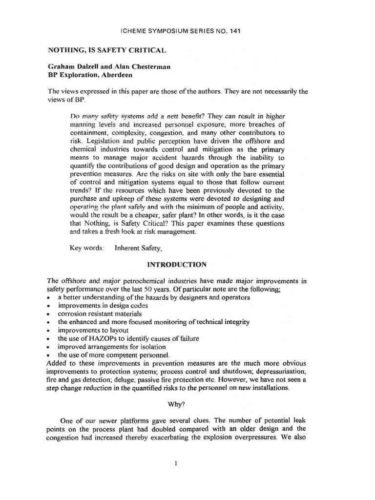 Icheme 141-01 Nothing Is Safety Critical | PDF | Leak | Risk