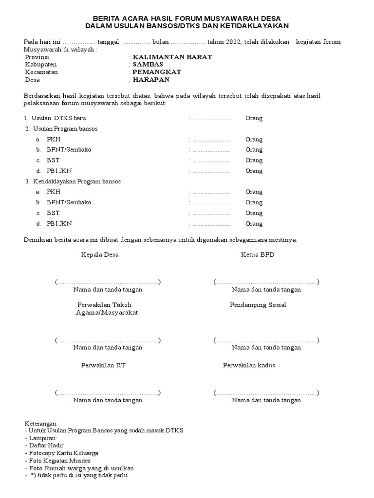 BA Musdes Usulan Bansos Atau DTKS | PDF