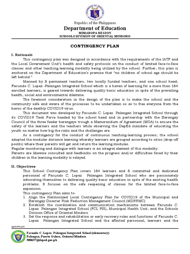 Contingency Plan2021 (EDITED) | PDF | Learning | Infection
