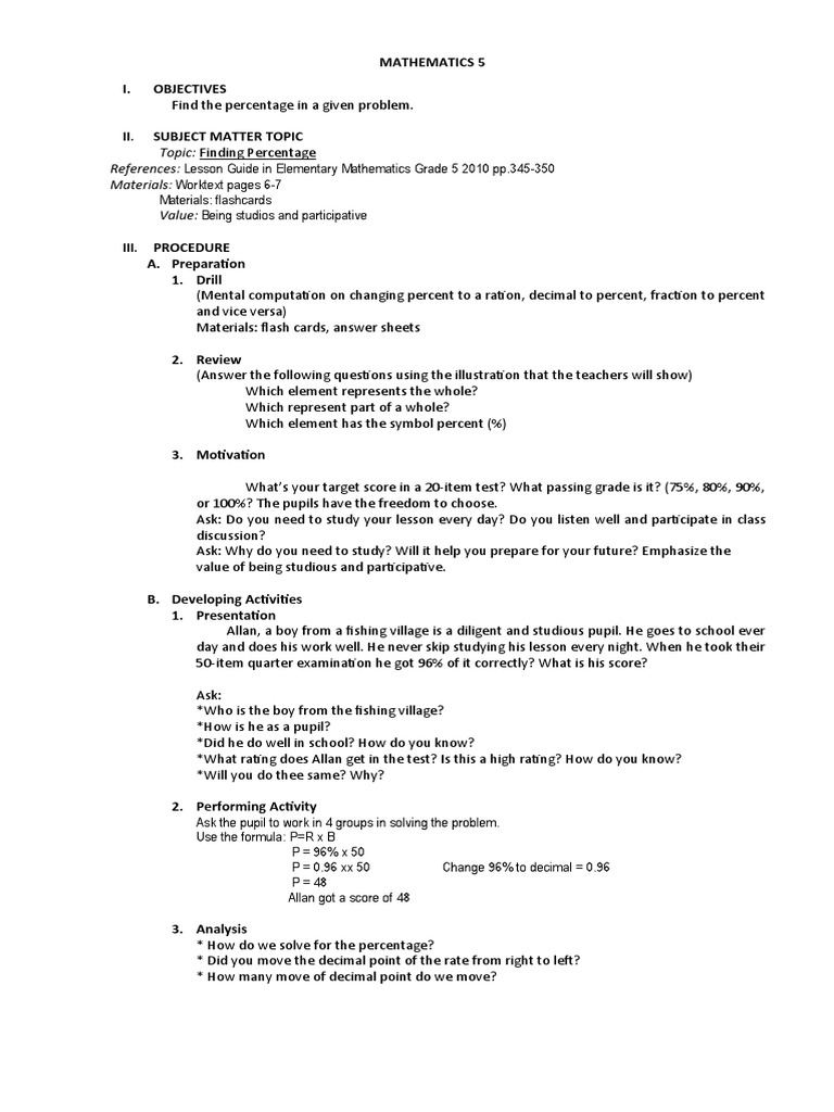 Math 5 Cot | PDF | Percentage | Mathematics