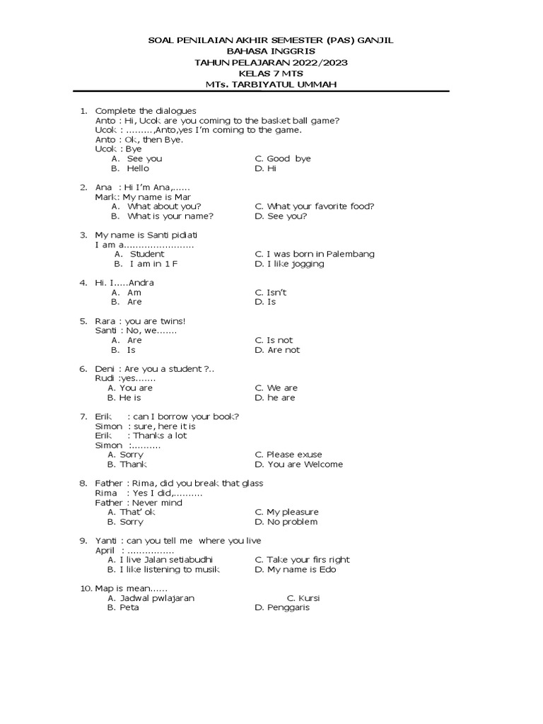Soal Bhs Inggris Kls 7 Smstr 1 Print Pdf Food And Drink Cooking