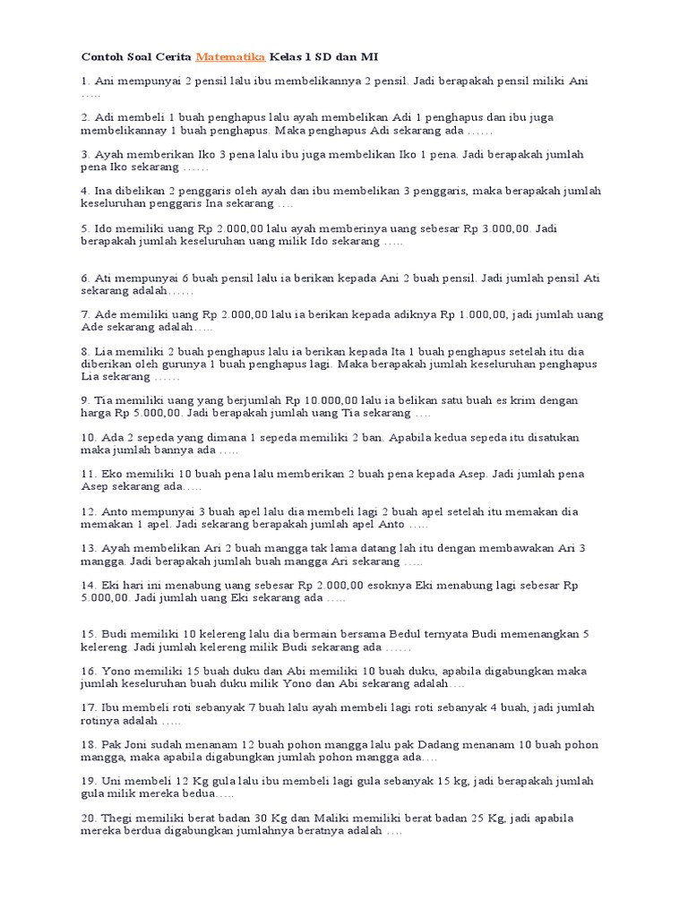 Contoh Soal Matematika Kelas 1 SD Kurikulum Merdeka | PDF