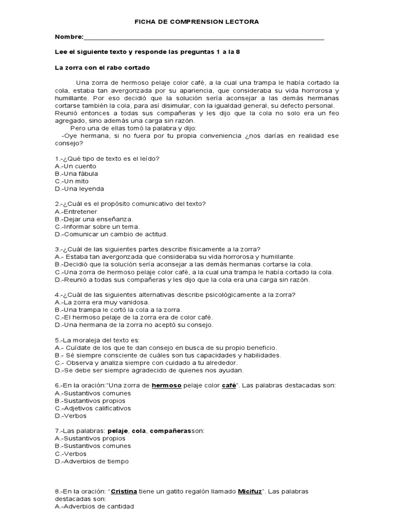 Ficha de Comprensión Lectora | PDF