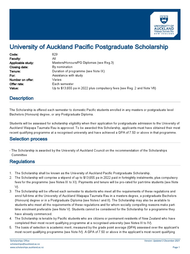 University of Auckland Pacific Postgraduate Scholarship | PDF | Postgraduate Education ...
