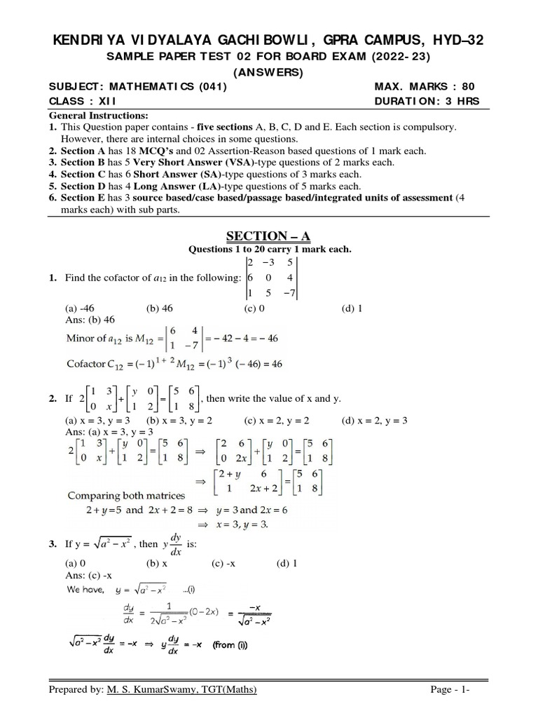 Maths Class Xii Sample Paper Test 02 For Board Exam 2023 Answers ...