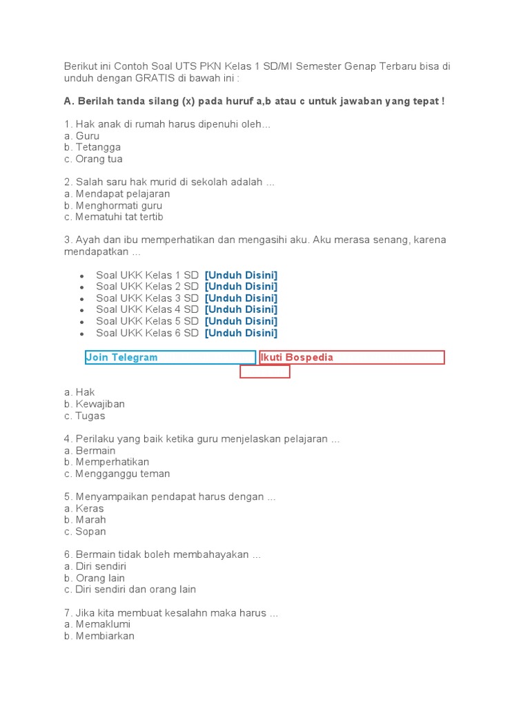 Contoh Soal UTS PKN Kelas 1 SD | PDF