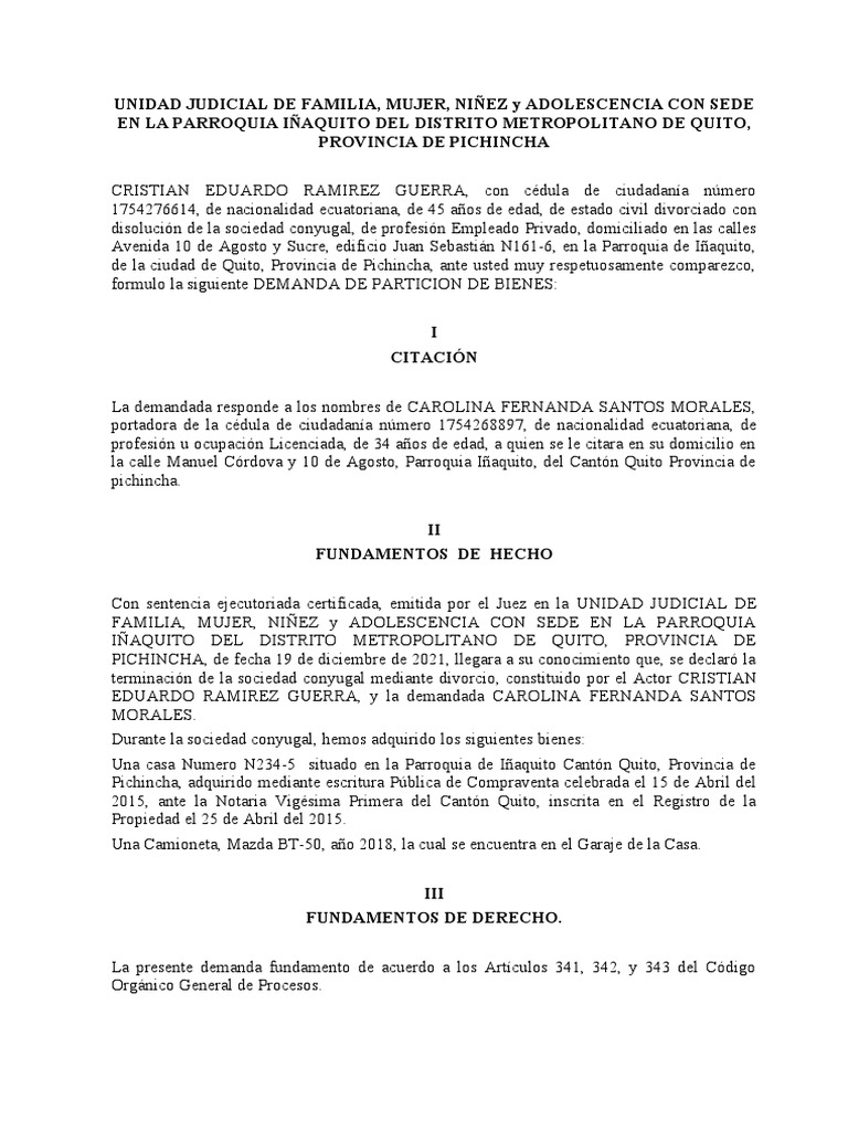 Demanda de Particion | PDF | Propiedad de la comunidad | Divorcio
