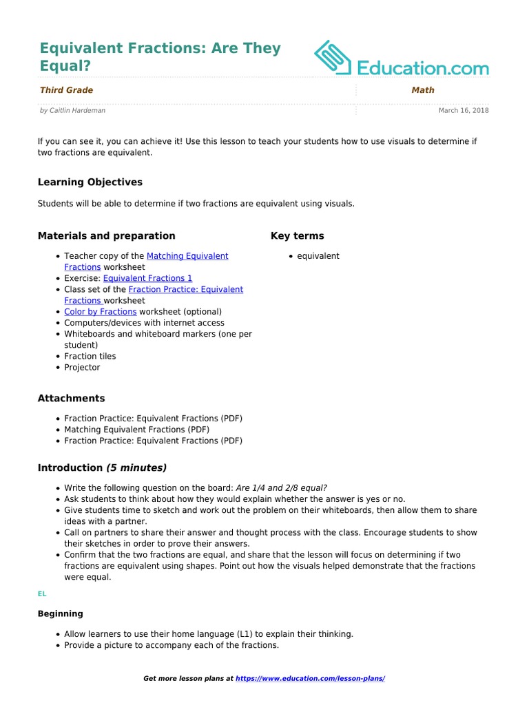 Equivalent Fractions Are They Equal | PDF | Lesson Plan | Thought