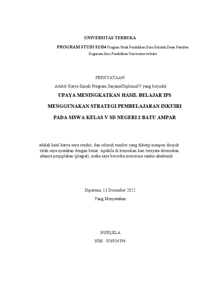 Contoh Lembar Bebas Plagiasi UT | PDF