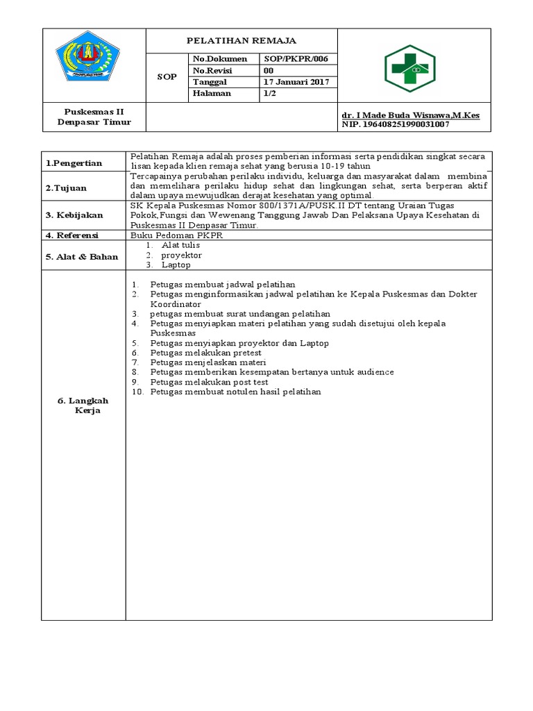 PKPR-006-SOP Pelatihan Remaja | PDF