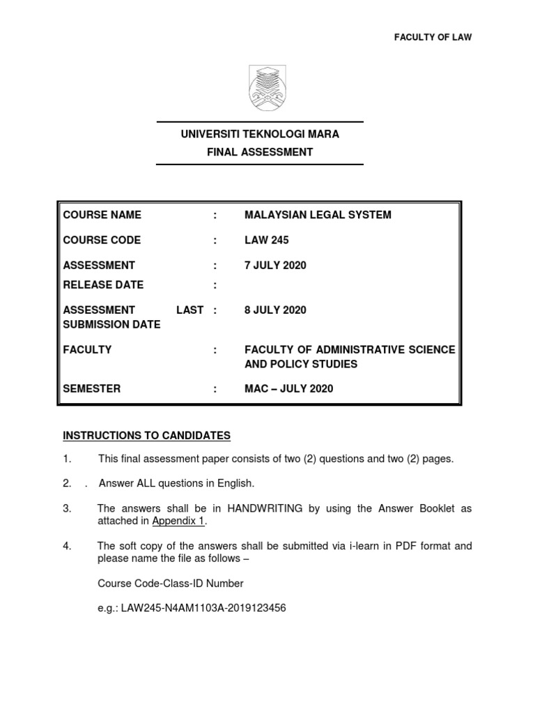 LAW 245 - Final Assessment (Question) (04072020) | PDF | Cosmetics