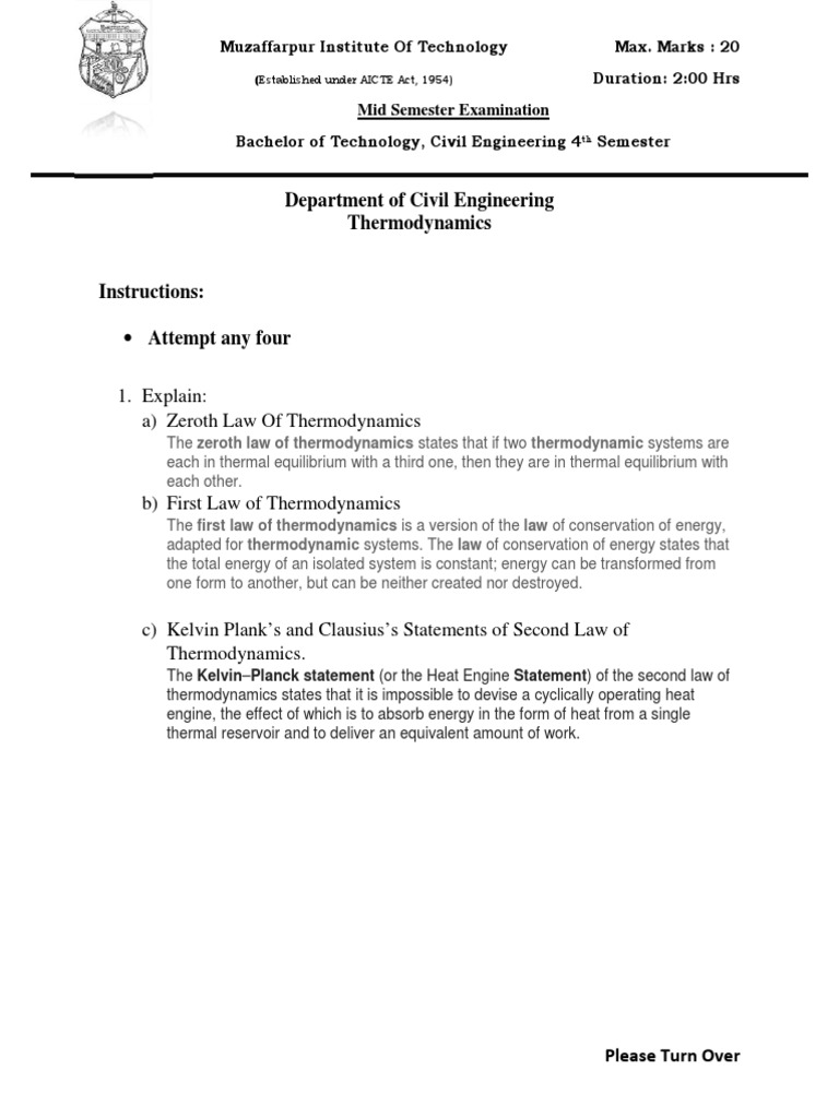 Mid Sem Answer Sheet Thermo | PDF | Thermodynamics | Heat