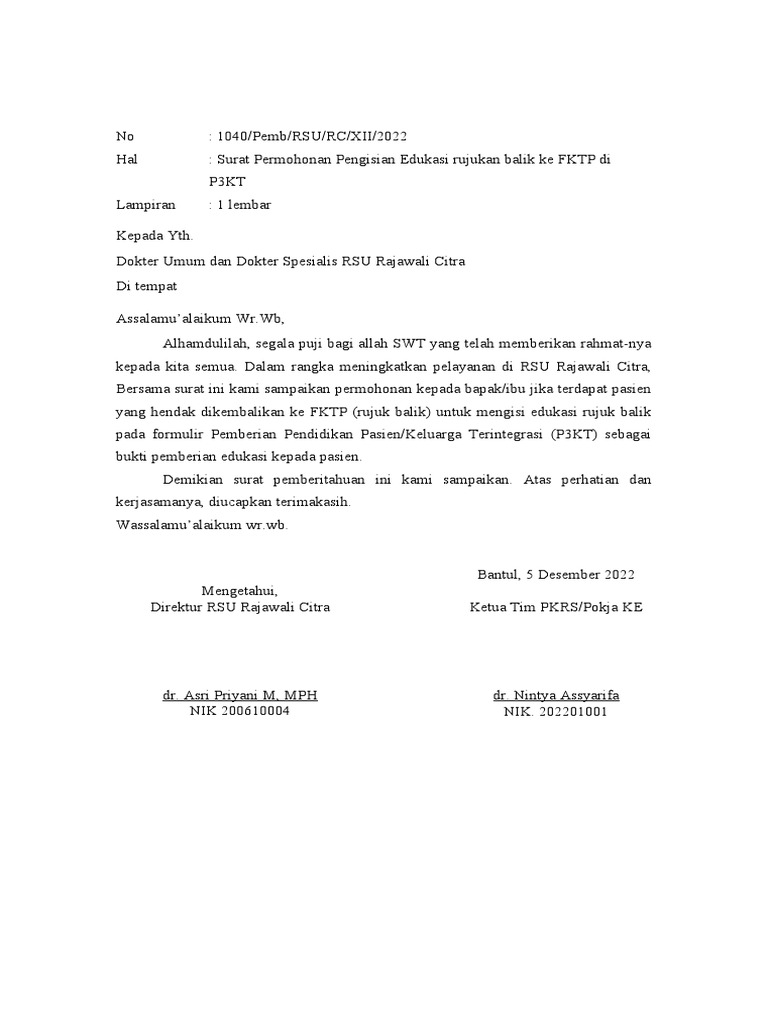 Surat Rujuk Balik P3KT | PDF