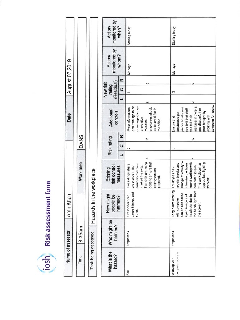 IOSH Risk Assessment Example 2 | PDF