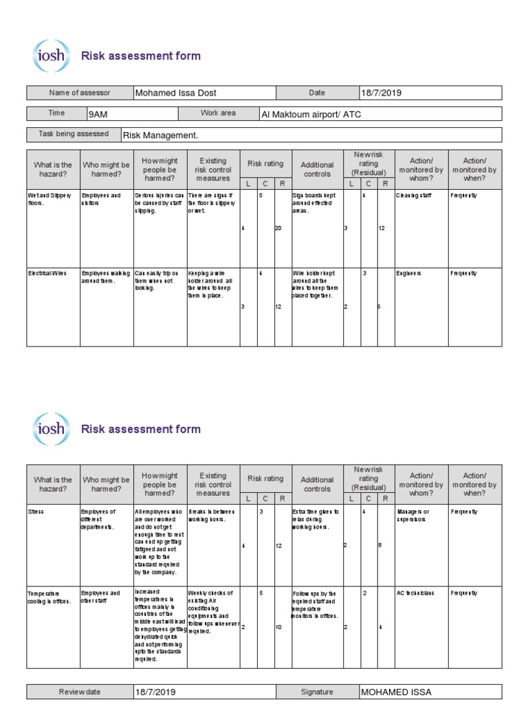 IOSH Risk Assessment Example 1 | PDF | Risk | Workplace