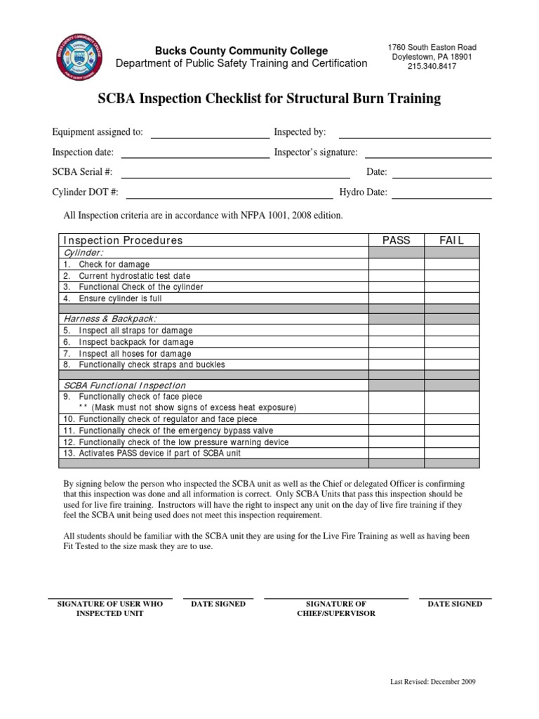 SCBA Checklist and Spare Cylinder Form | PDF | Safety | Underwater Diving