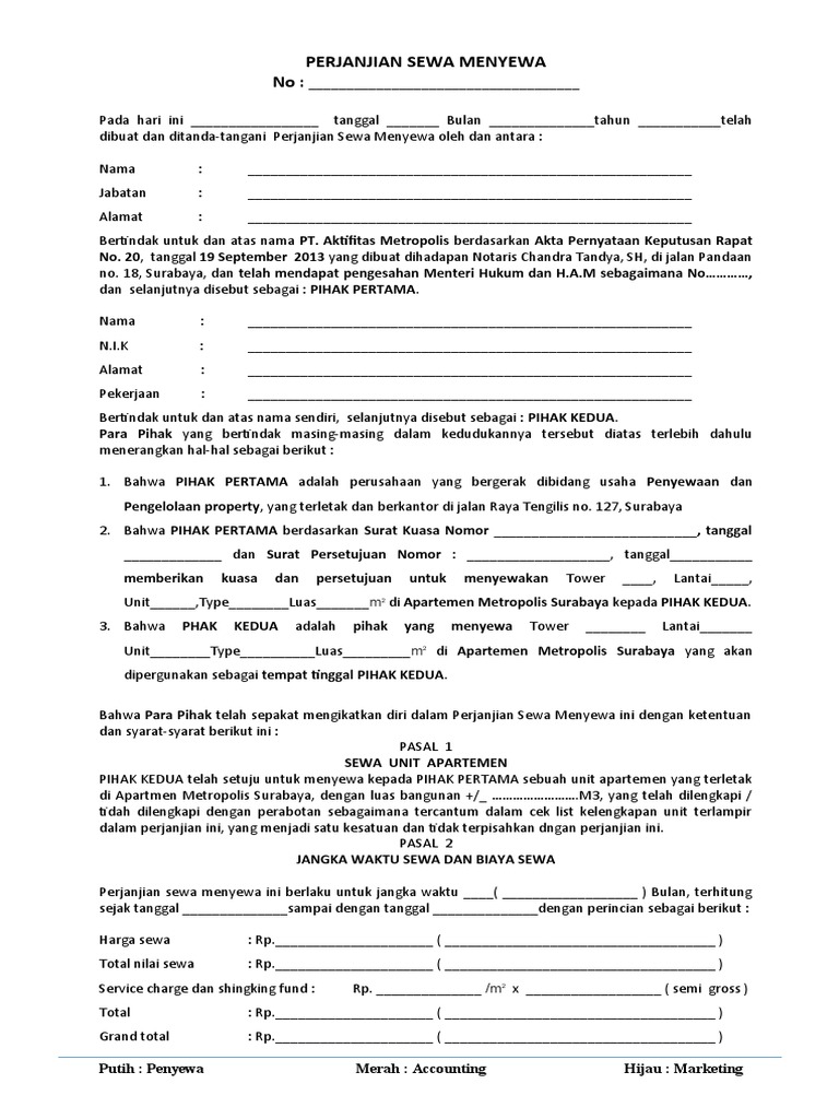 Contoh Perjanjian Sewa Menyewa Apartemen | PDF