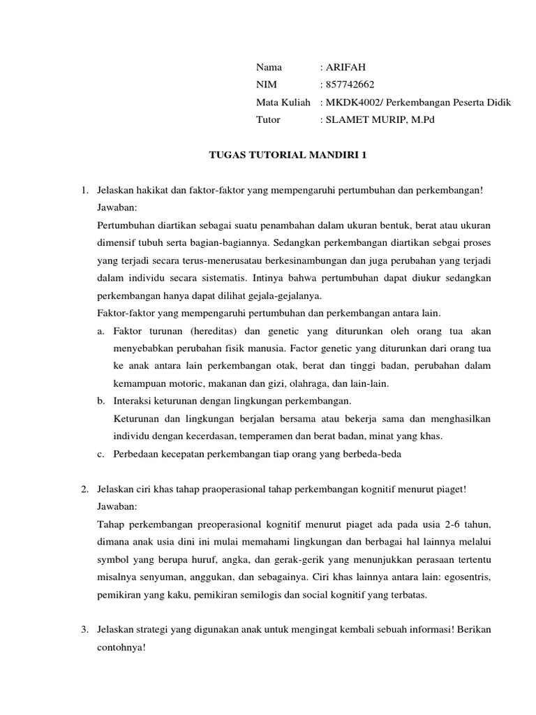 TTM 1 Perkembangan Peserta Didik ARIFAH 857742662 | PDF