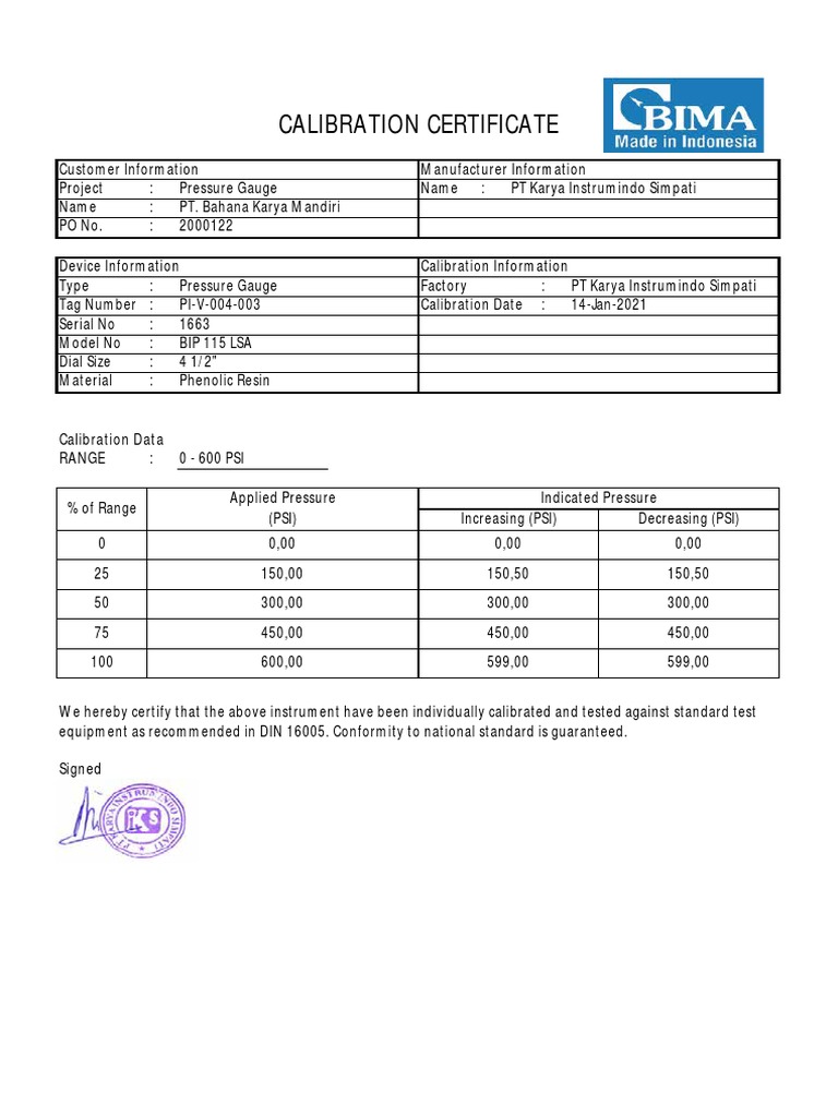 Calibration Certificate | PDF | Calibration | Pressure