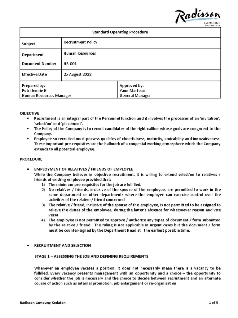 HR-001 Recruitment Policy | PDF | Recruitment | Employment