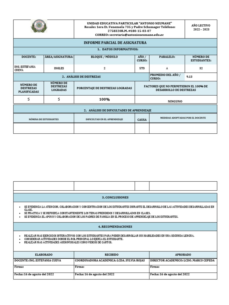 Informe Por Destrezas Ingles 5to A (Estefania Cueva) | PDF ...
