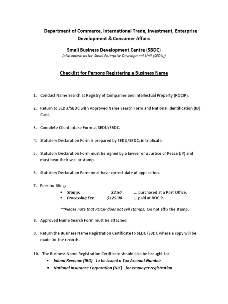 Checklist For Registration of Business Name - Revised 23.01.2018 | PDF