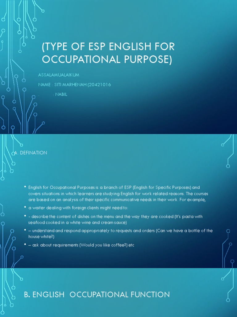 English for Occupational Purposes: Defining the Field and Outlining Key ...