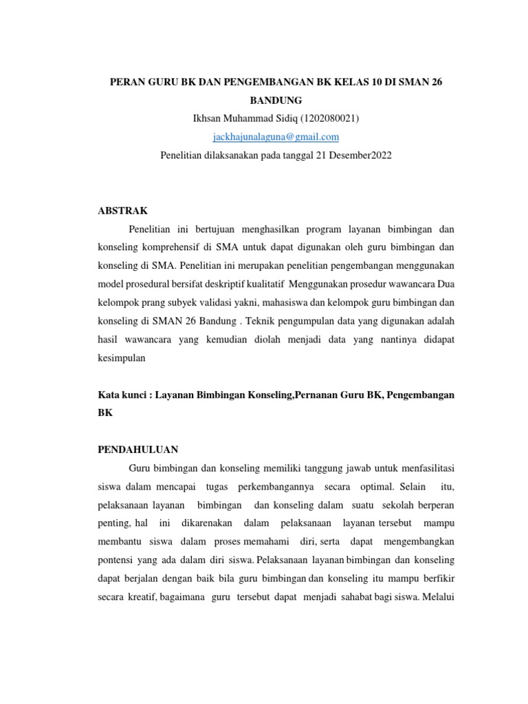 Peran Guru BK Dan Pengembangan BK Kelas 10 Di Sman 26 Bandung | PDF