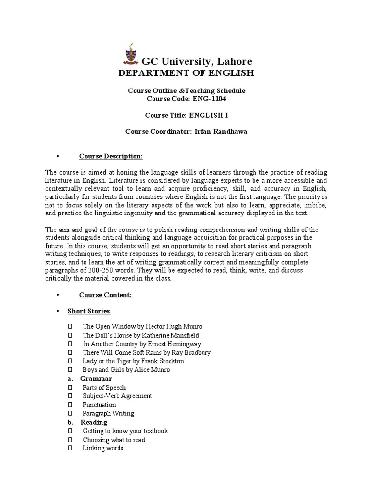Course Outline Sem 1 ENG-1104 English 1 | Download Free PDF | Phrase ...