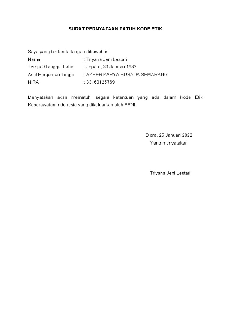 Surat Pernyataan Patuh Kode Etik | PDF Surat Pernyataan Patuh Kode Etik | PDF