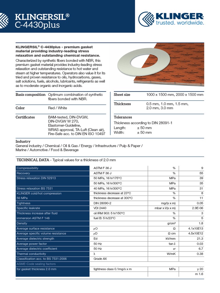 KLINGERSIL C-4430plus Data Sheet | PDF | Density | Lubricant