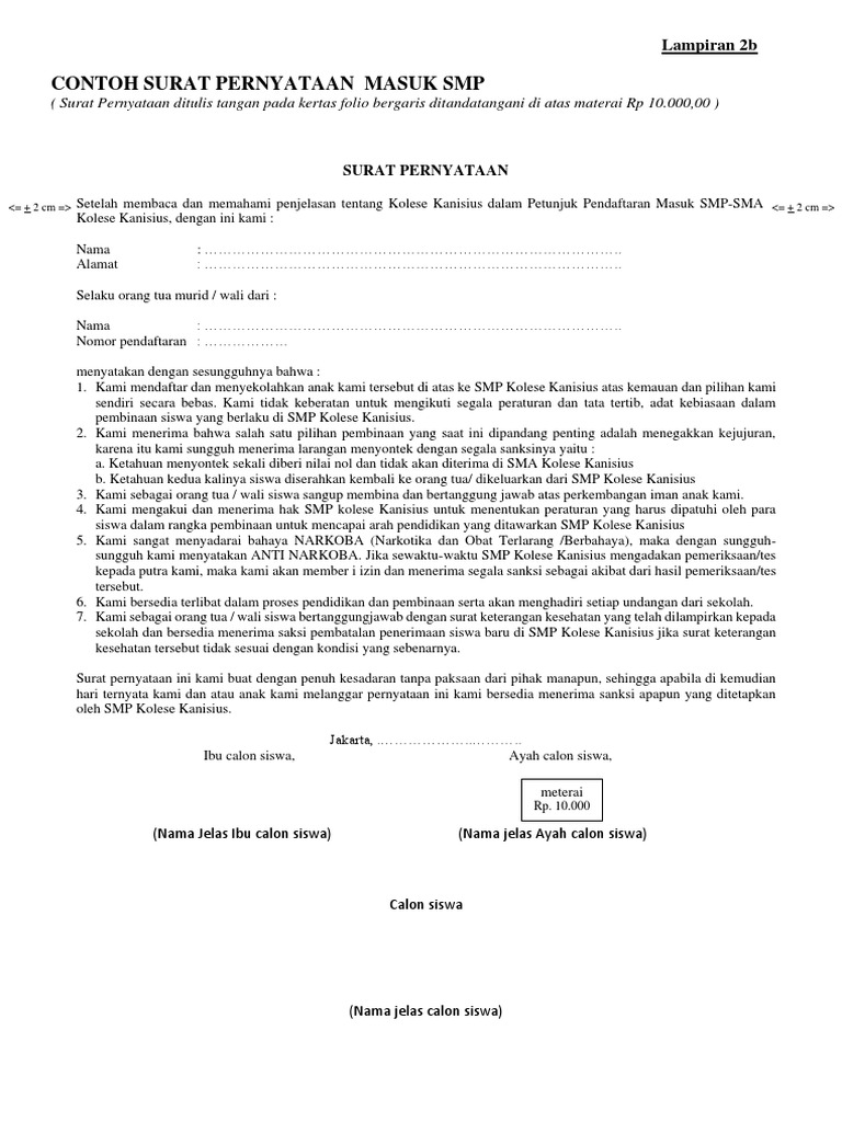 Surat Pernyataan SMP Kanisius | PDF