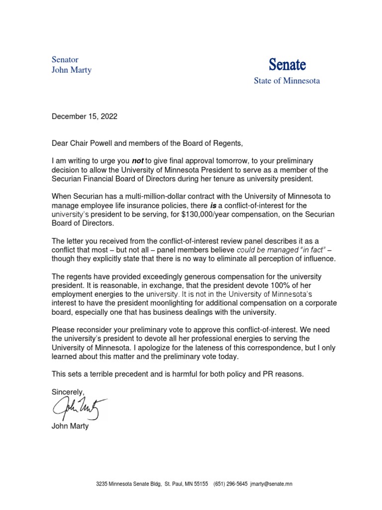 Sen. John Marty Letter To U of MN Regents Regarding Conflict of ...