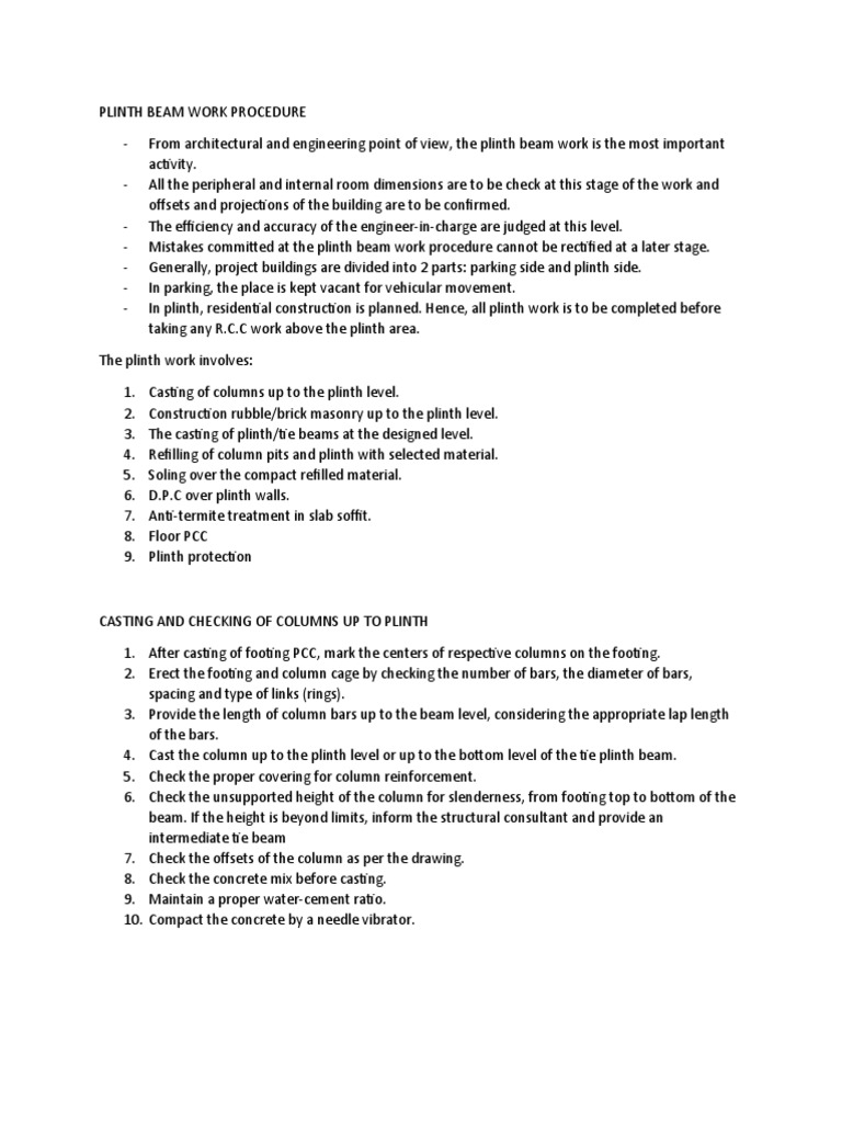 Plinth Beam Work Procedure | PDF | Concrete | Column
