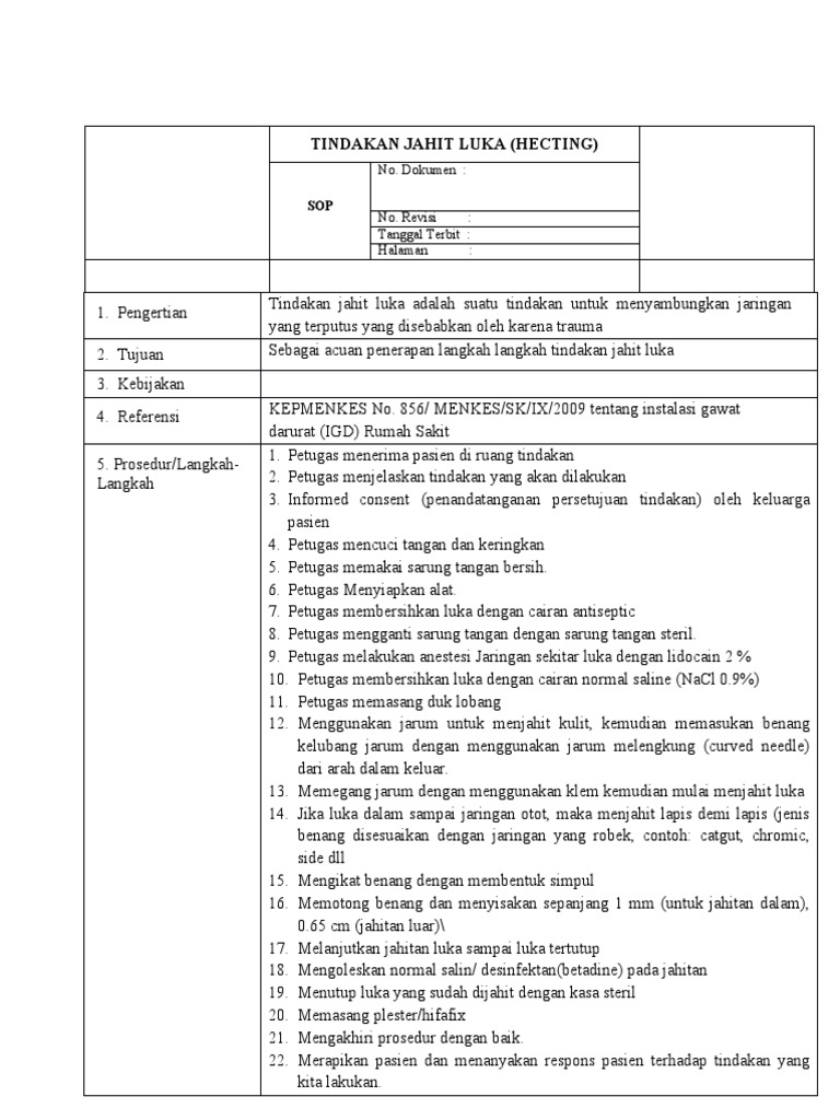 SOP Tindakan Jahit Luka (HECTING) | PDF